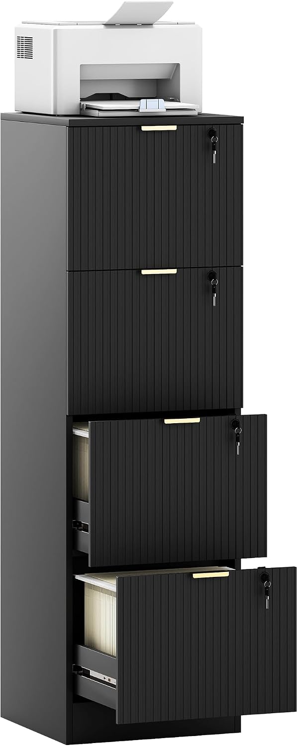 HOMCOM 4 Drawer File Cabinet, Fluted Vertical Filing Cabinet with Lock ...