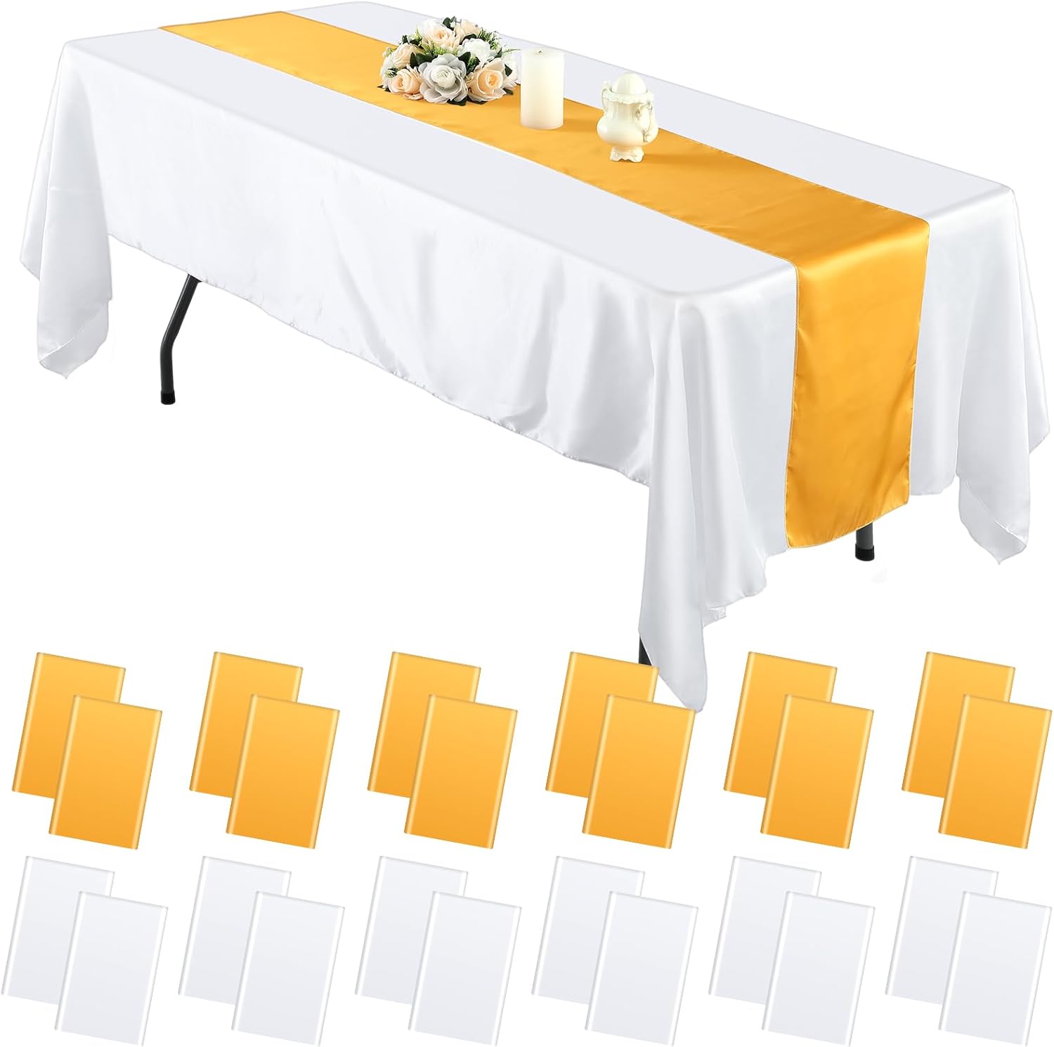 Amazon.com: Hosuly 24 Pcs White Satin Tablecloth with Gold Satin Table ...