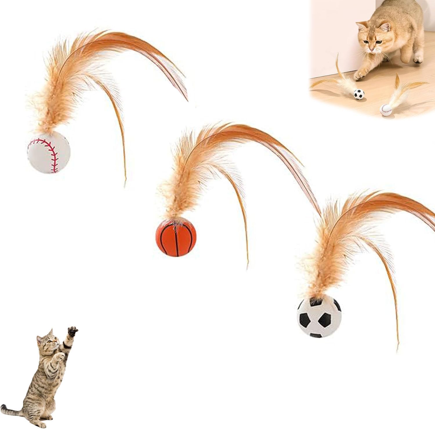 Amazon.com : Huahuve Interactive Feather Ball Toy Set for Cats, Bouncy ...