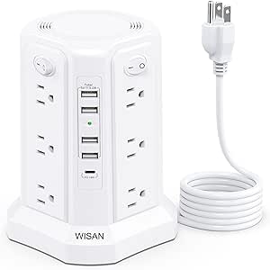 WISAN Regleta Vertical Torre sobretensión de 12 Tomas, con 4 Puertos de Carga USB-A y 1 USB-C ...