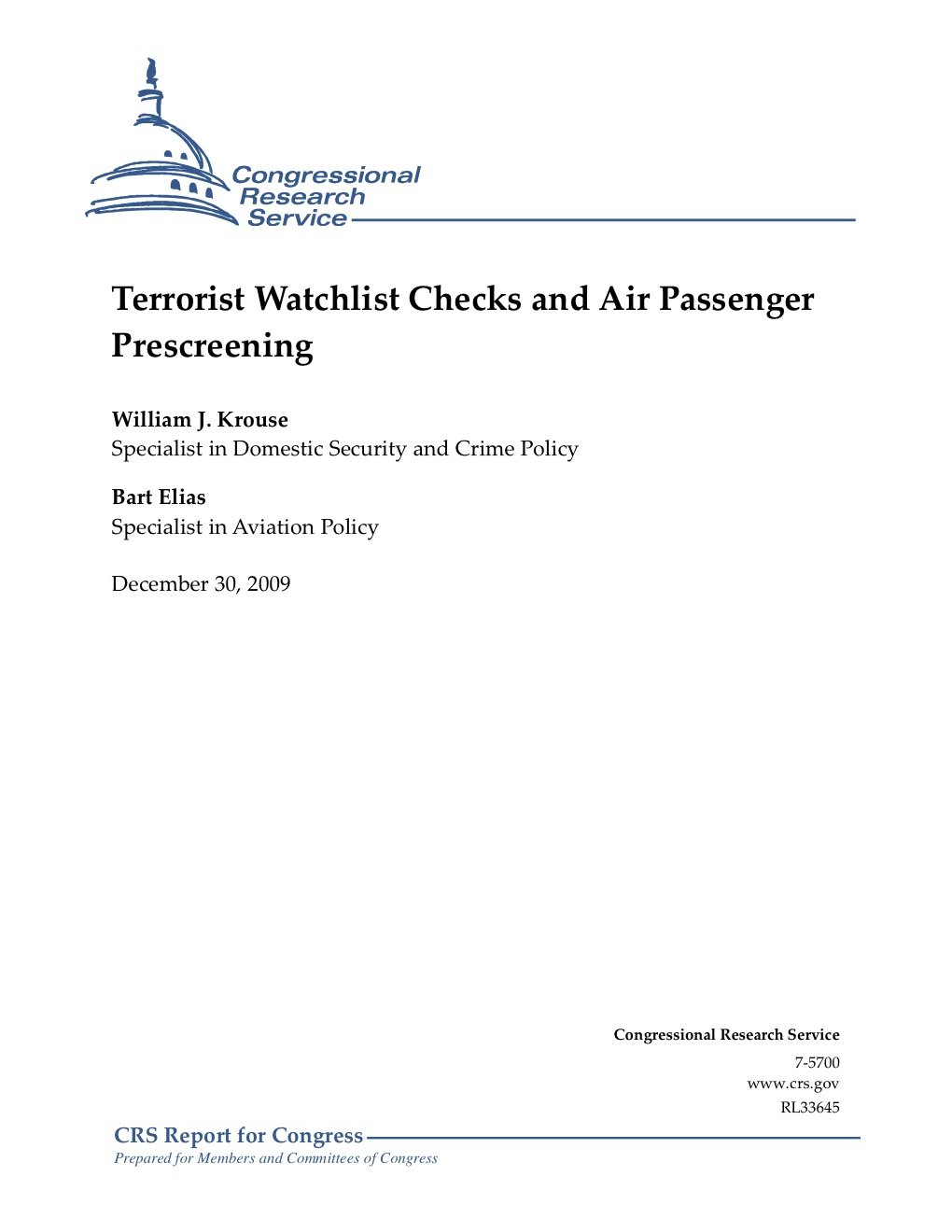 Terrorist Watchlist Checks and Air Passenger Prescreening - Kindle ...