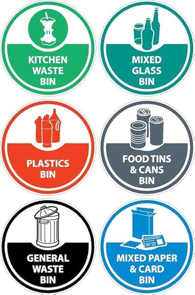 Set of Recycling bin stickers - Pack of 6 stickers 100mm x 100mm on an ...
