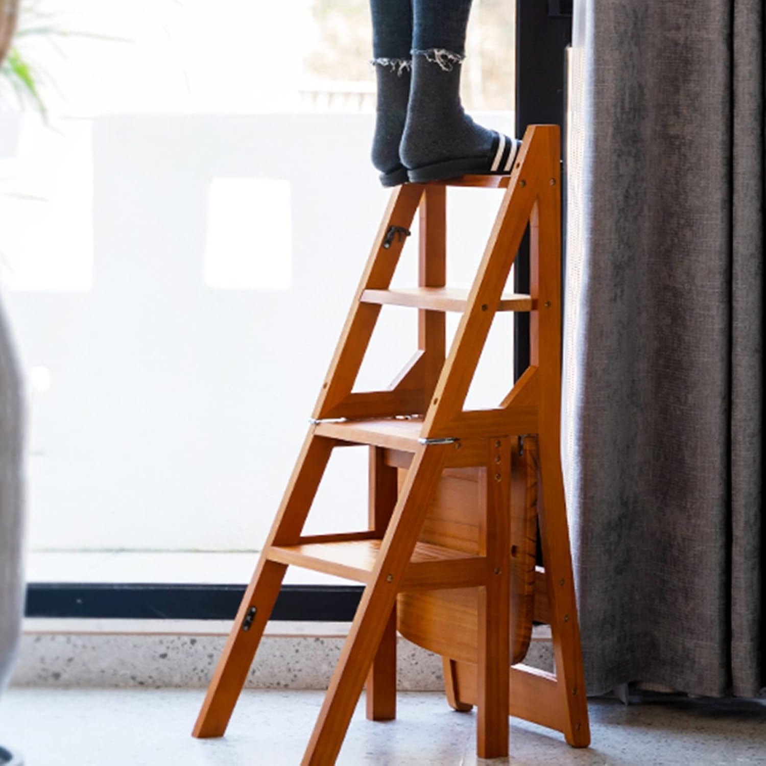 KUMIAO Wooden Stool 4 Step Folding Ladder Stool - Multifunctional Home ...