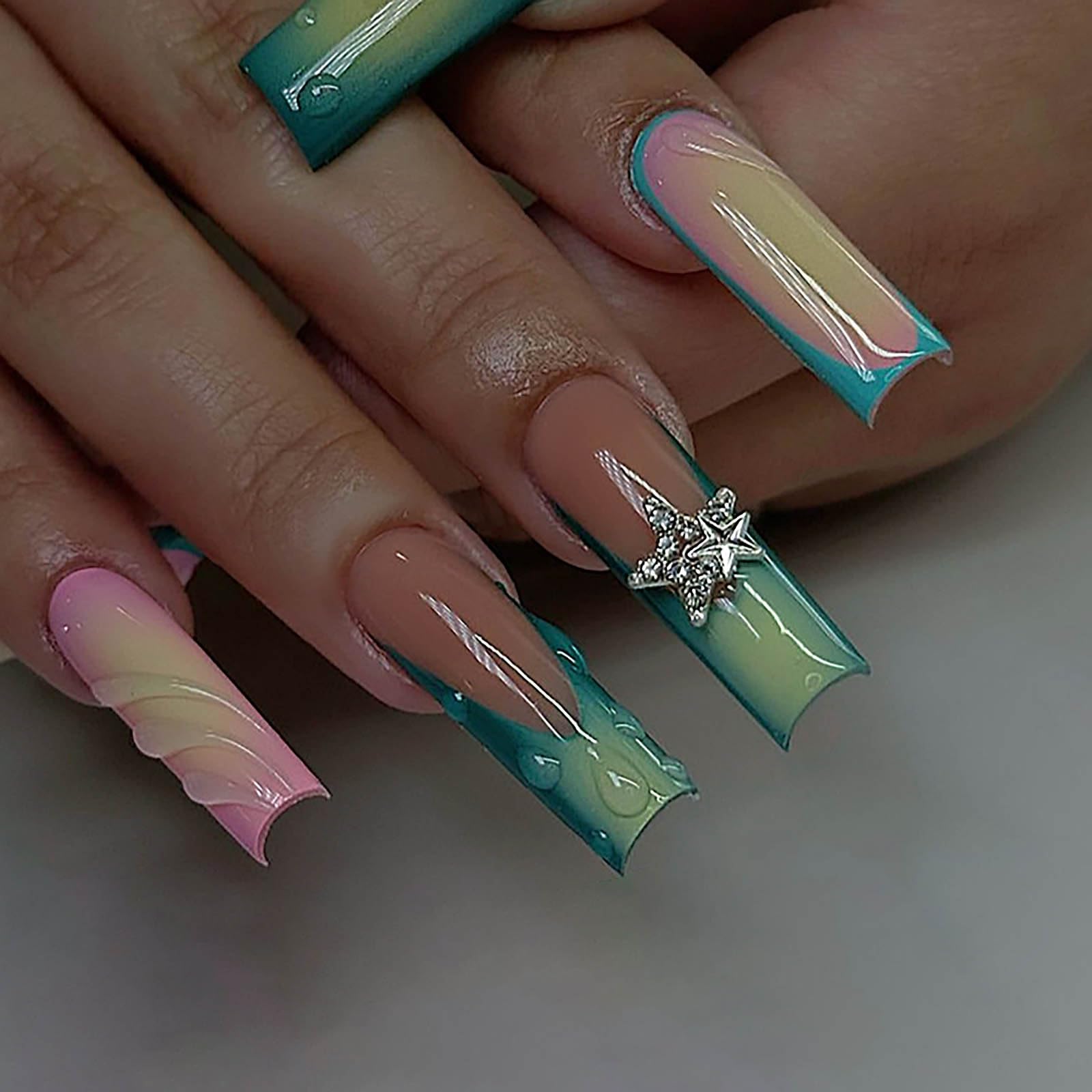 Amazon.com: QQPPOLIU Square Long Press on Nails,French Tips Fake Nails ...