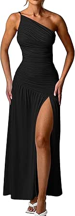 Amazon.com: Memoriesea Women's Sexy One Shoulder High Split Ruched Cocktail Party Formal Maxi ...