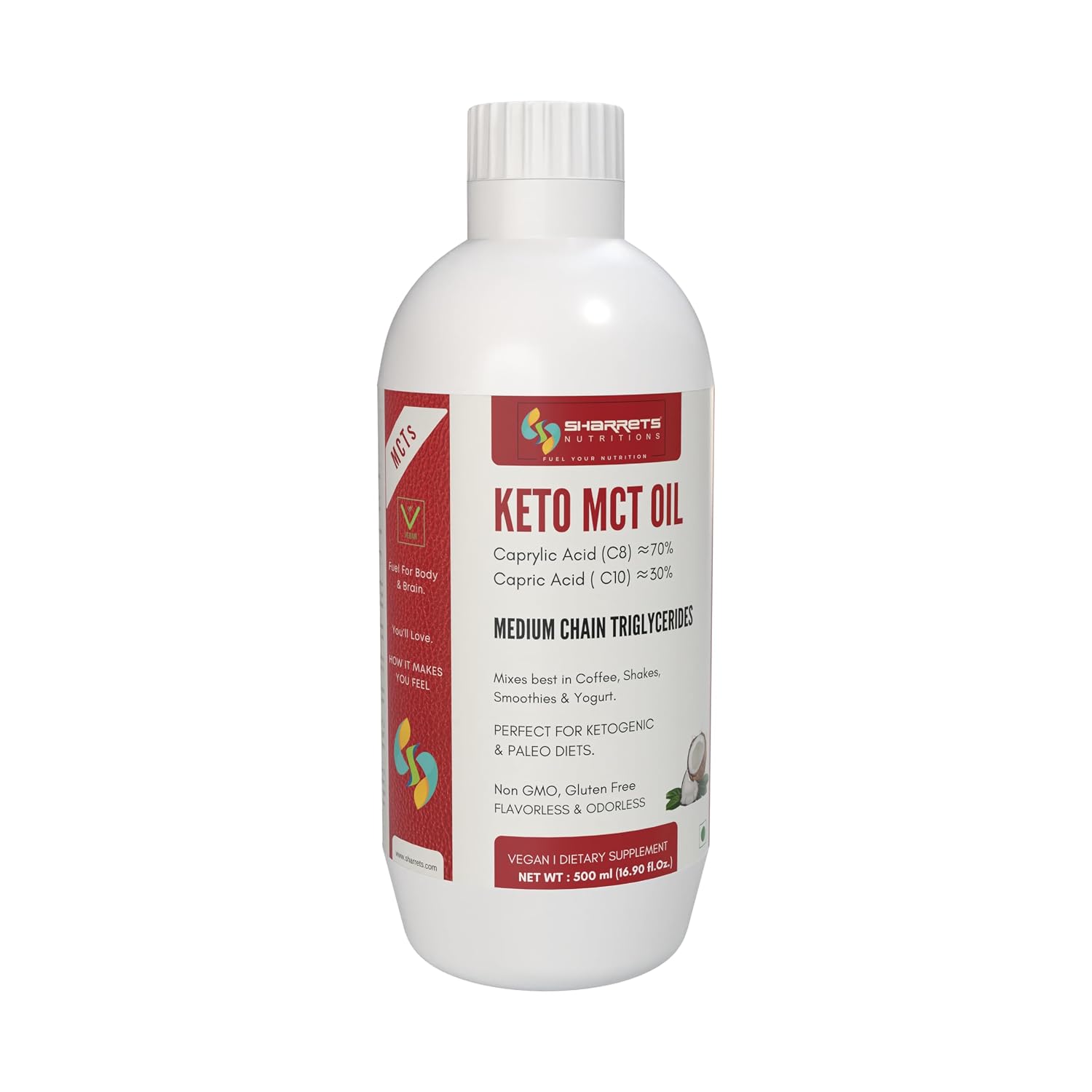 Sharrets Keto Coconut MCT Oil 500ml, C8:70 C10 :30, for Athletes, Brain ...