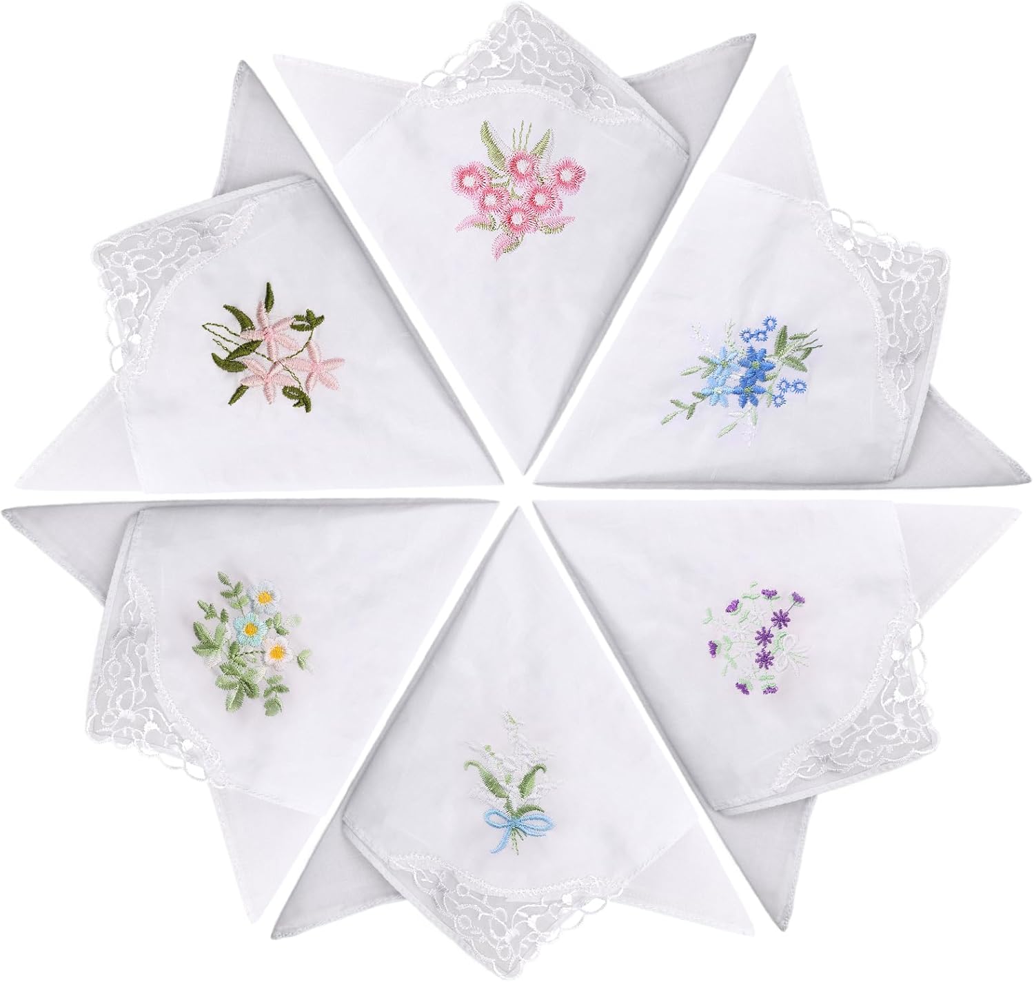 6 Pack Ladies Handkerchiefs 100% Soft Cotton Floral Embroidery Lace ...