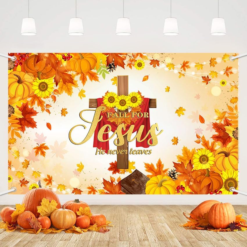 Amazon.com : MEHOFOND Fall for Jesus He Never Leaves Banner Decorations ...