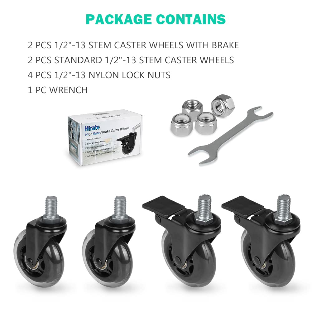 1/2-13 Threaded Stem Casters With Brake 4 Pack Locking Swivel Casters ...