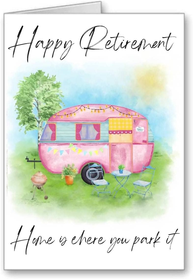 Pink Caravan retirement card home is where you park it (envelope ...