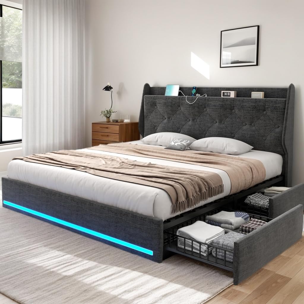 Amazon.com: Gyfimoie King Platform Bed Frame with 4 Storage Drawers ...