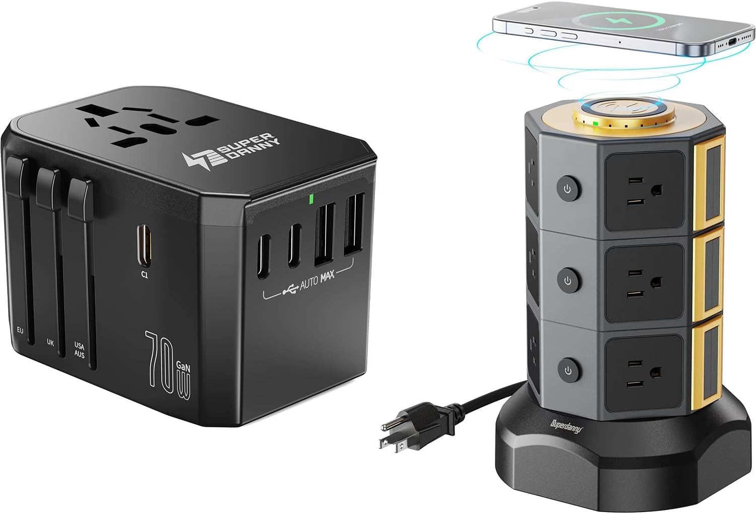 Amazon.com: Power Strip Tower + Universal Travel Adapter, SUPERDANNY ...