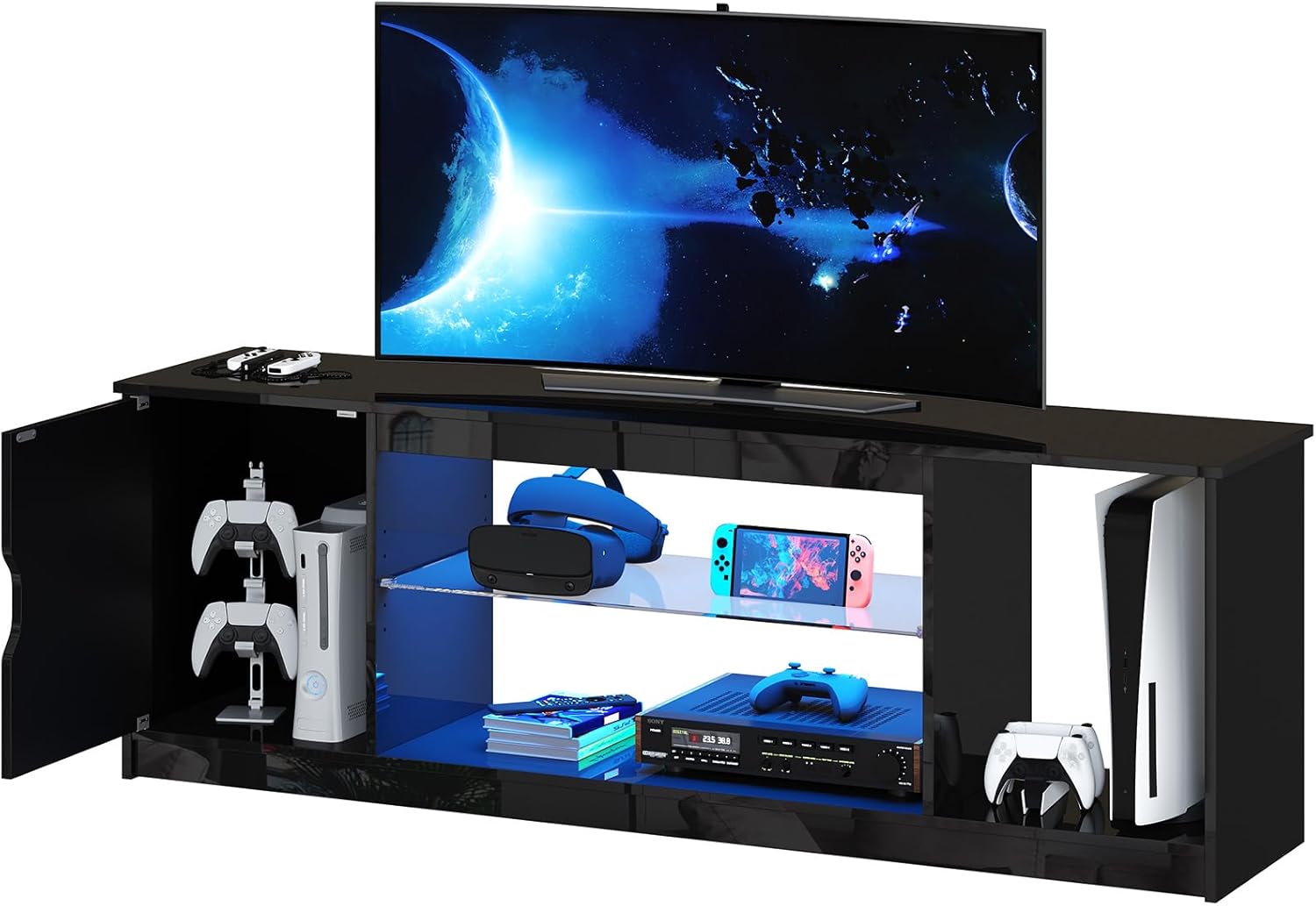 Amazon.com: Bestier 57" Gloss Black Media Console - Gaming TV Stand for ...