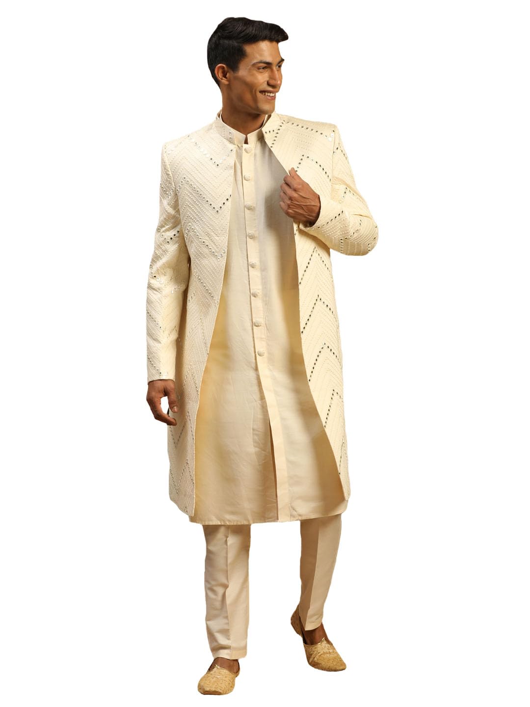 VASTRAMAY Mirror Work Front Open Sherwani Set with Pant Style Pyjama ...