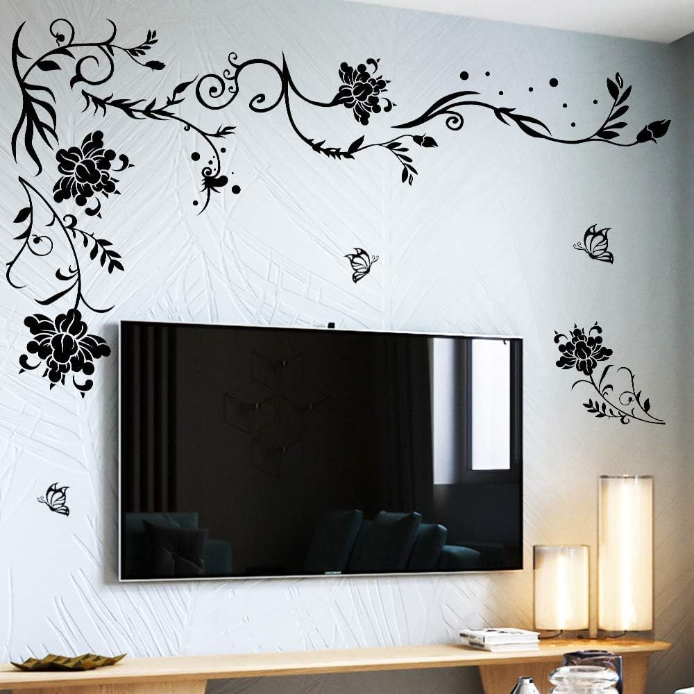 Supzone Flowers Vine Wall Decals Black Flower Wall Stickers Butterfly ...