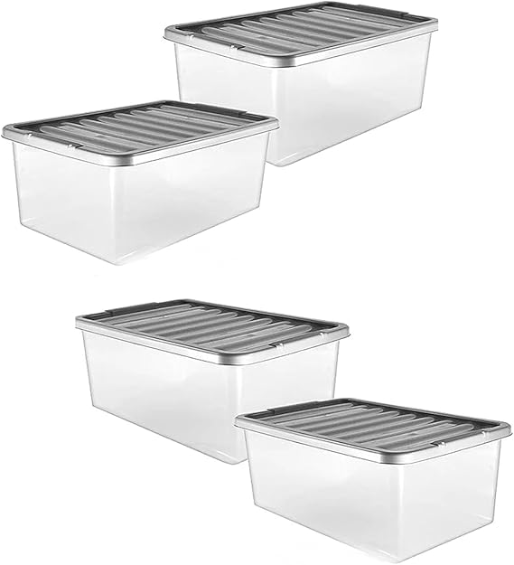 Pluto Packaging 4 Pack 32 Litre Strong Stackable Durable Underbed ...