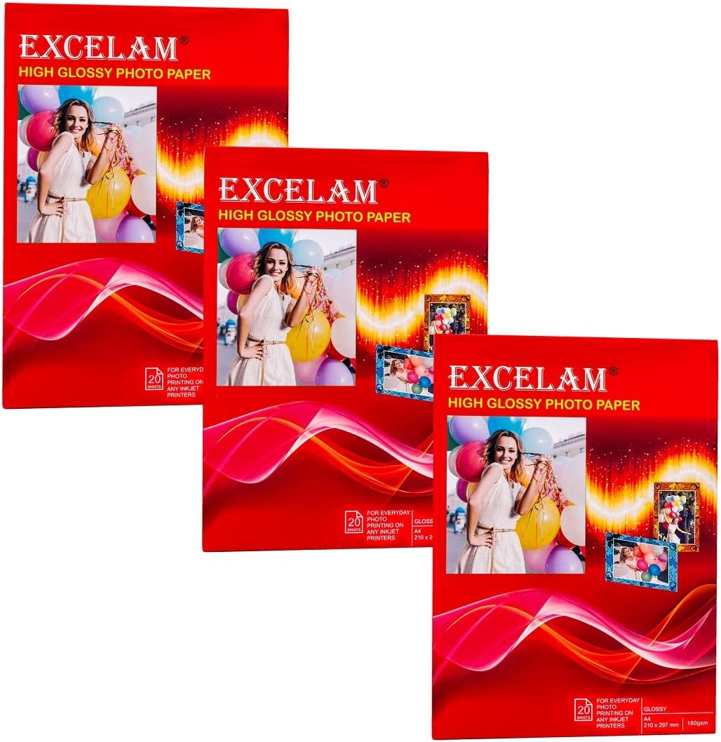 Excelam Super Glossy Series UnRuled A4 Size 180 gsm Photo Paper (Pack of 20 Sheets)(Set of 3 ...