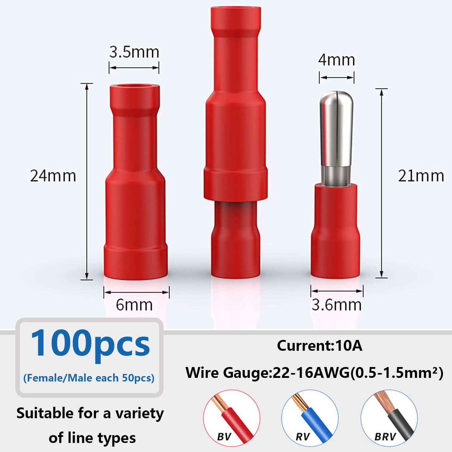 Snapklik.com : Smseace 100Pcs Red Bullet Connectors 22-16AWG Female ...