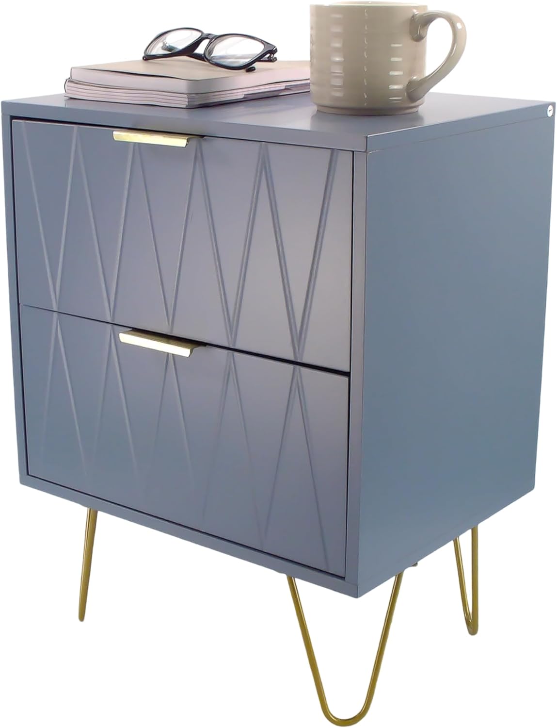 Dylex Modern Grey 2 Drawer Bedside Table with Gold Legs Wood Nightstand ...