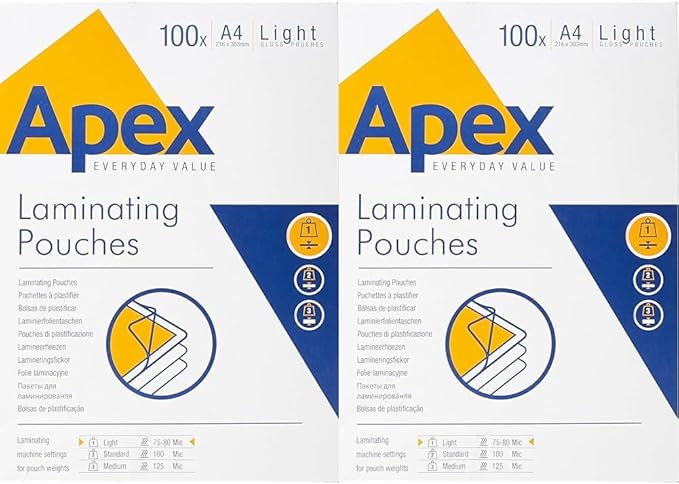 Fellowes Apex A4 Laminating Pouches, Glossy Finish, 100 Sheets - Light ...