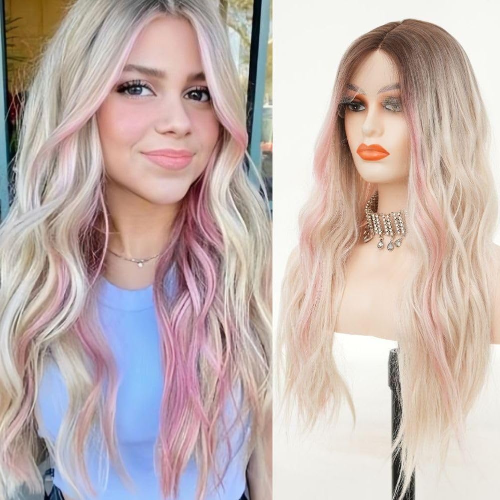 Amazon.com : Siudus Blonde Lace Front Wigs Long Curly Wavy Pink ...