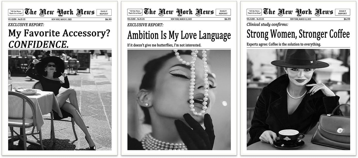Amazon.com: Set of 3 Retro Preppy Newspaper Canvas Wall Art Funky Sexy ...
