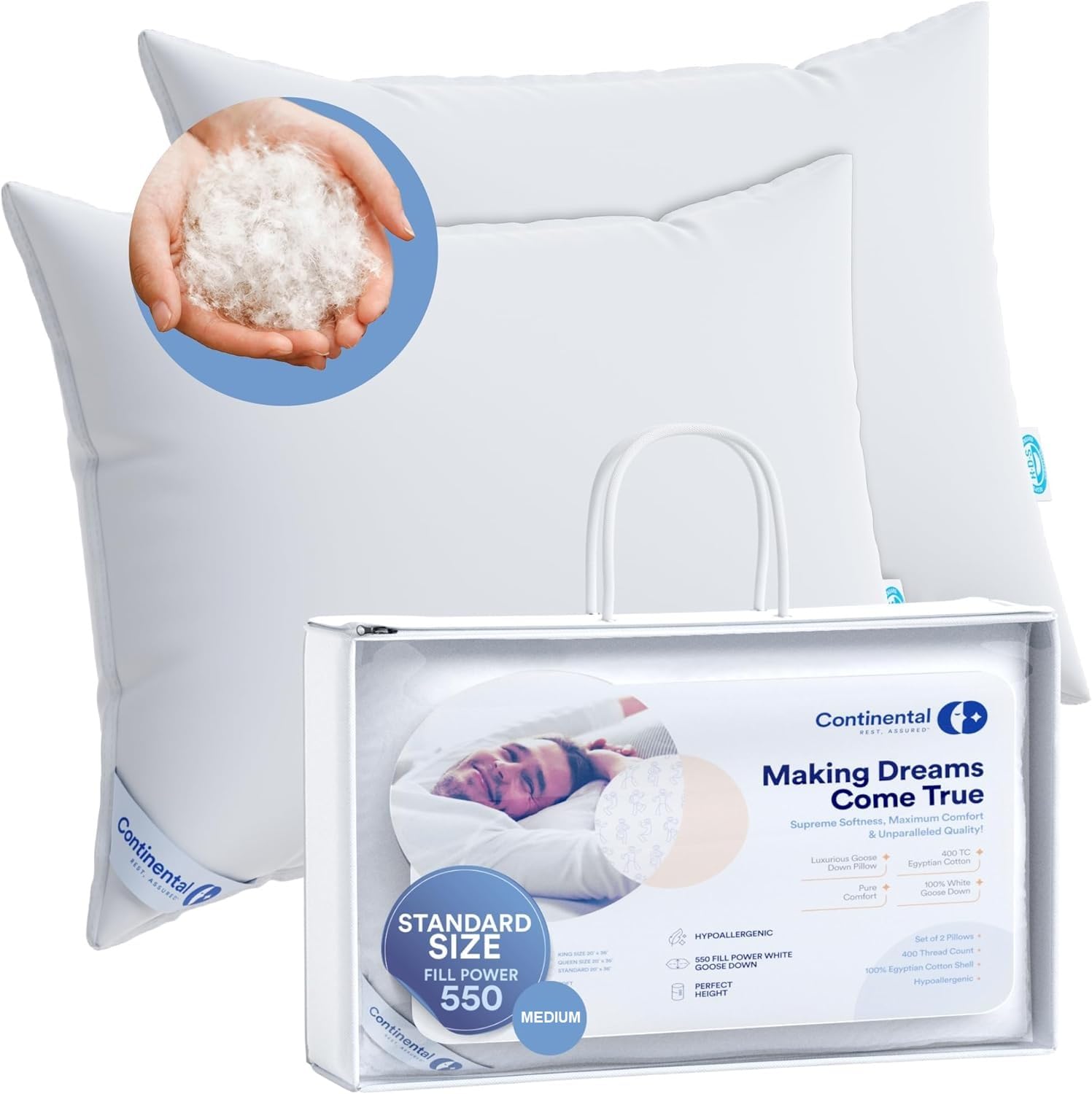 Amazon.com: Continental Bedding 100% Luxury Down Pillows Standard Size ...