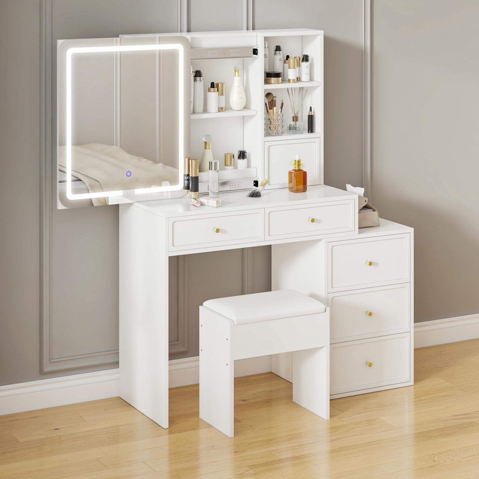 Jooli H Dressing Table with Mirror and Stool, Vanity Table Makeup Desk ...