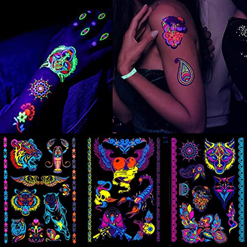 Glaryyears Neon Glow in the dark Temporary Tattoos, 80+ UV Fake Tattoo ...
