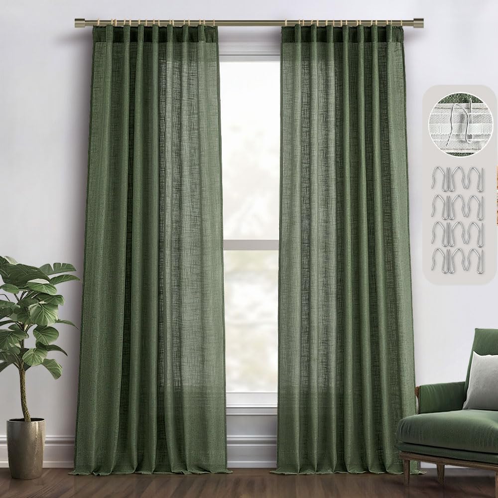 Miulee Olive Green Linen Curtains 84 Inches Long 2 Panels For Bedroom