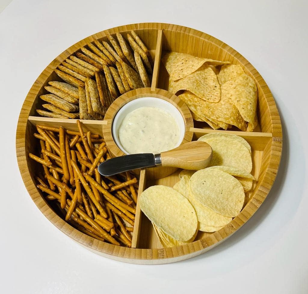 Chips and Dip Serving Dish, Bamboo Chip and Dip Platter with Dip Cup ...