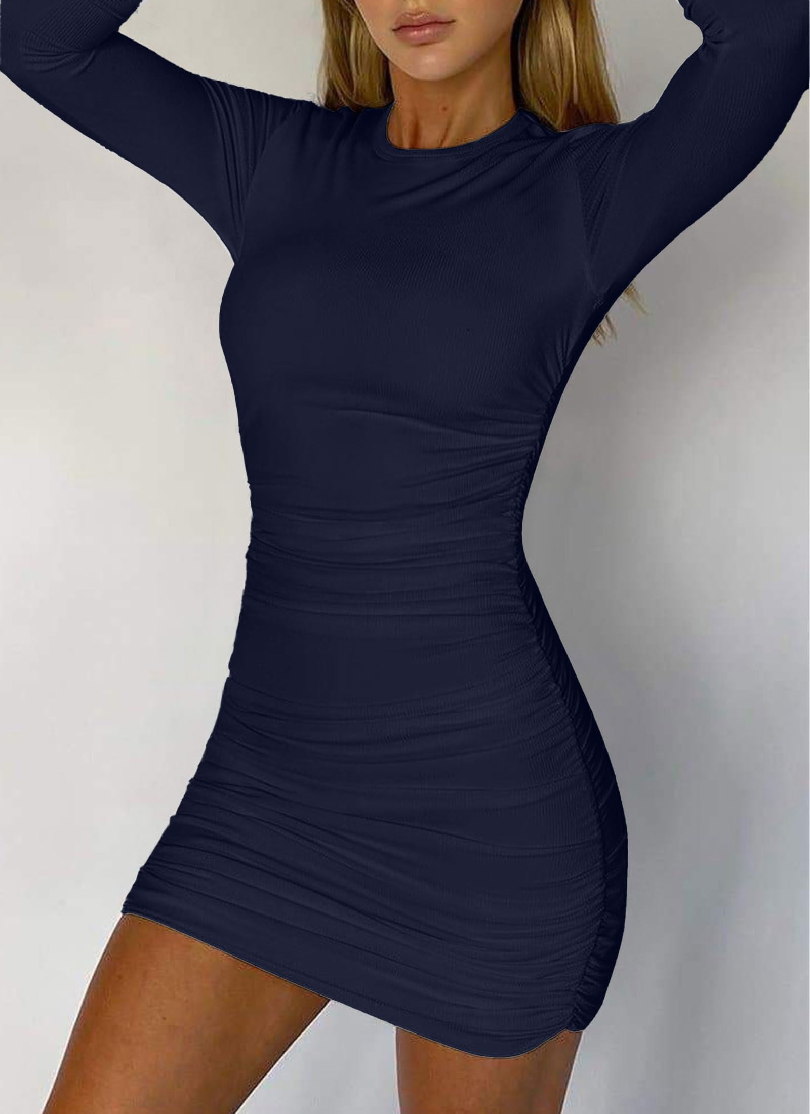 Snapklik.com : Womens Long Sleeve Dress Crew Neck Stretchy Ruched ...