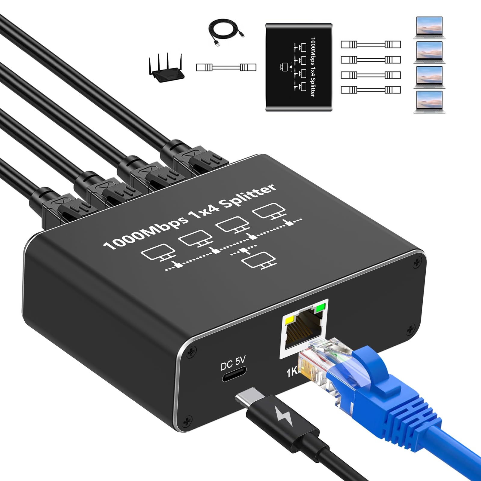 Oliveria LAN Splitter 1 auf 4 1000Mbps Ethernet Splitter LAN Switch 4 ...