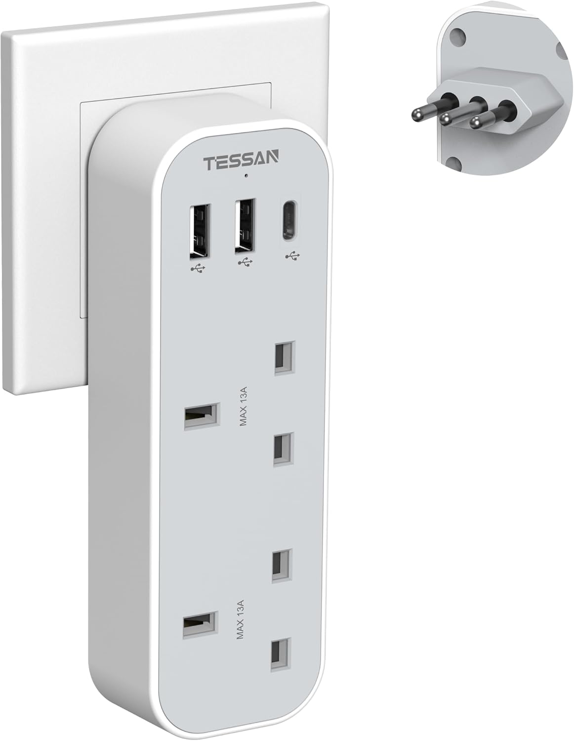 UK to Italy Plug Adapter, TESSAN Italian Travel Adaptor with 3 USB ...