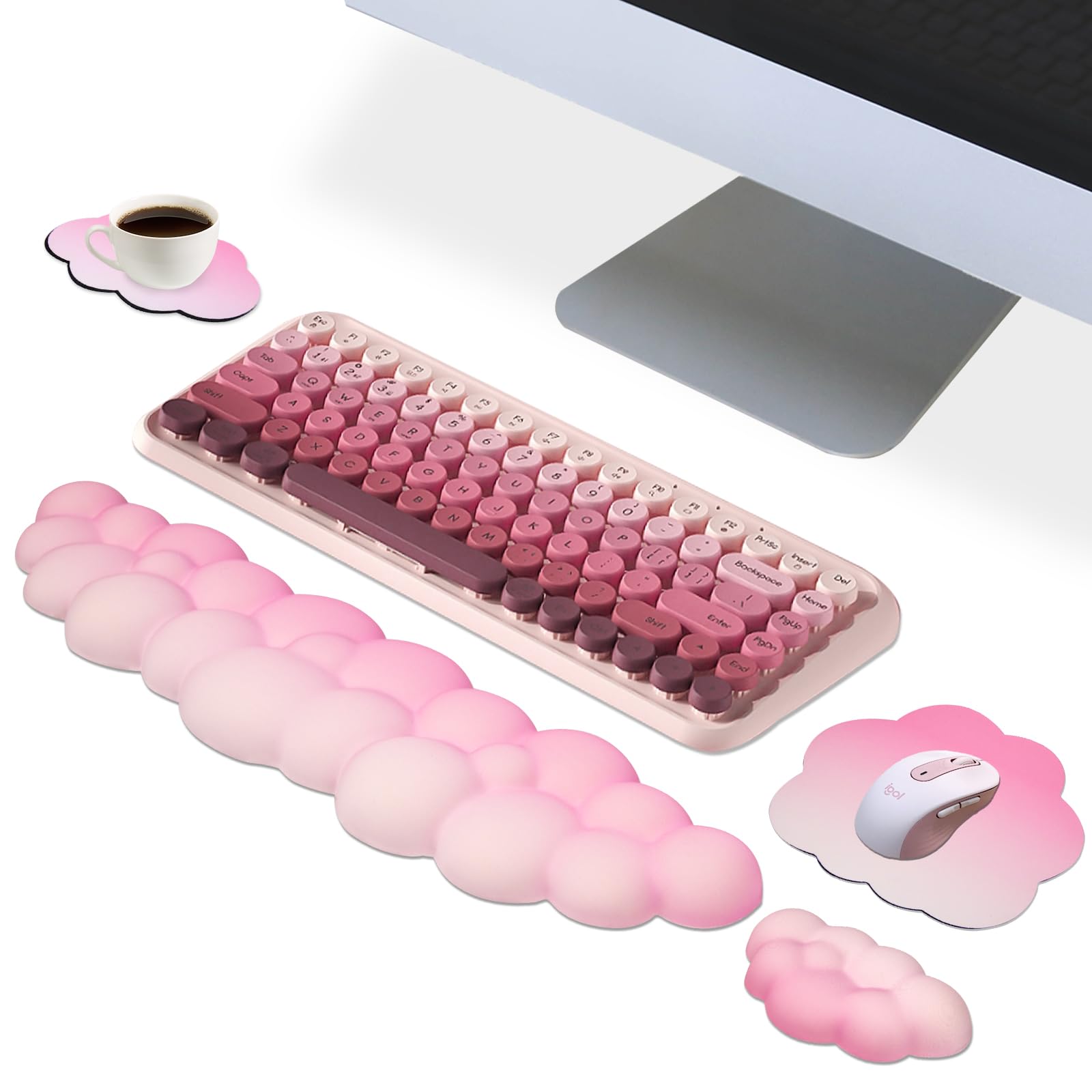 Cloud Mouse Pad and Keyboard Wrist Rest Set,4 Pcs Pink Ergonomic Arm ...