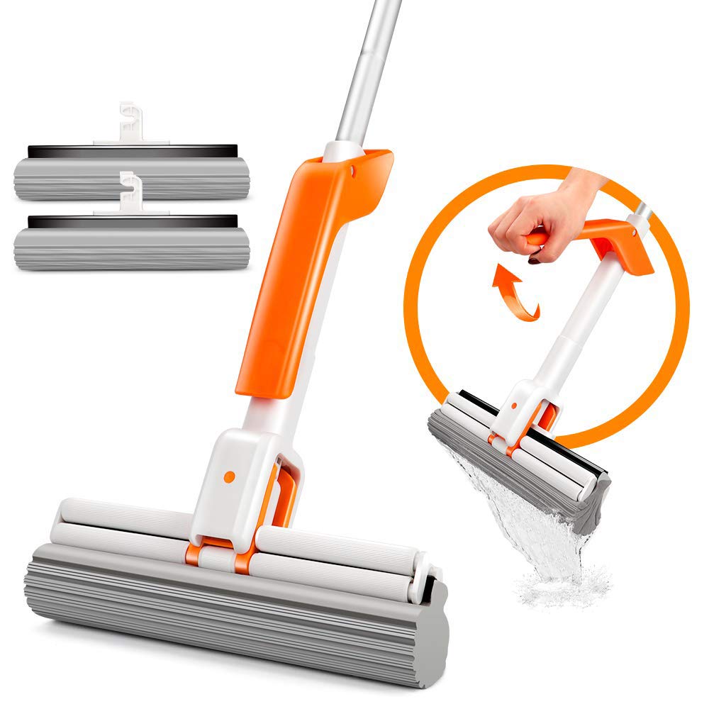 Masthome Sponge Mop, Roller Mop with 2 Super Absorbent PVA Sponge Heads ...