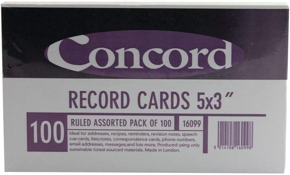 Amazon.com : Concord Record Card Smooth 127x77mm Assorted Ref 16099 ...