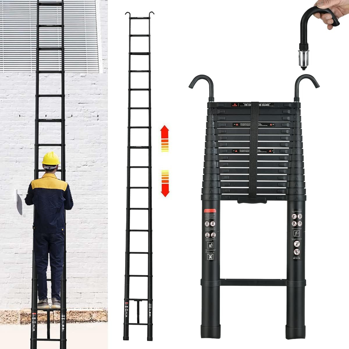 20FT Telescoping Ladder with Roof Hooks Aluminum Extension Ladder, 15 ...