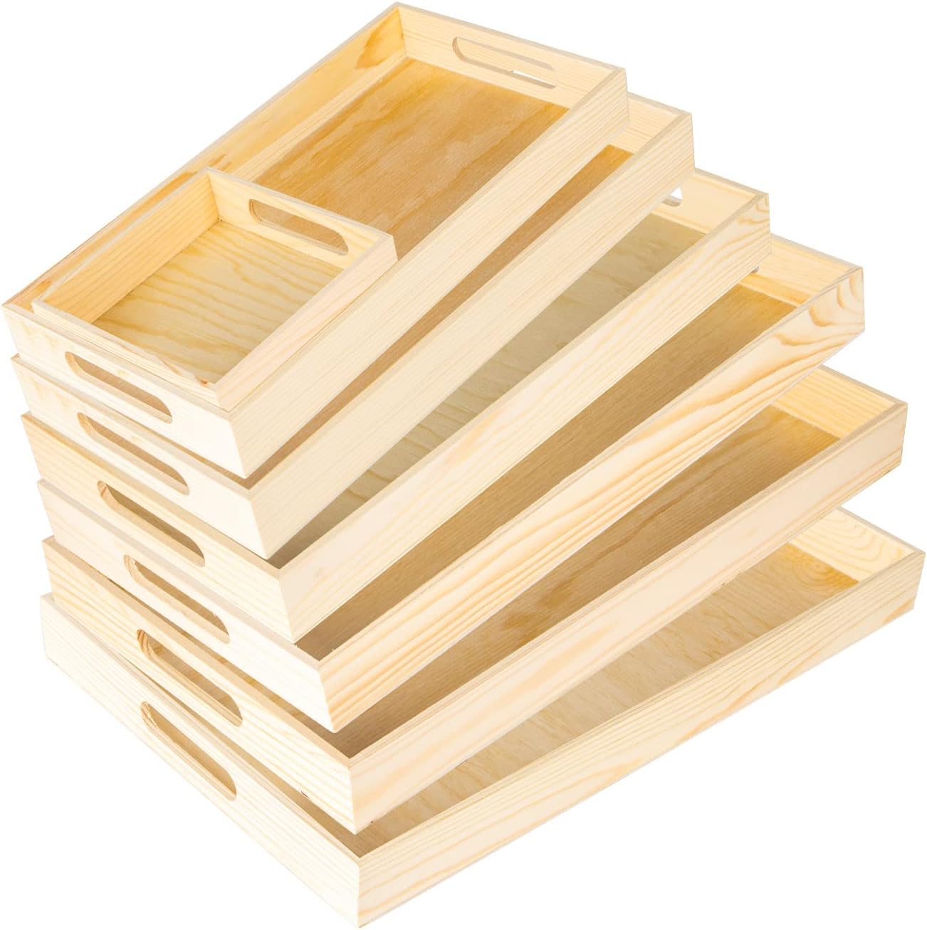 7PCS Wooden Serving Tray With Handles, Rectangular Wood Breakfast Food ...