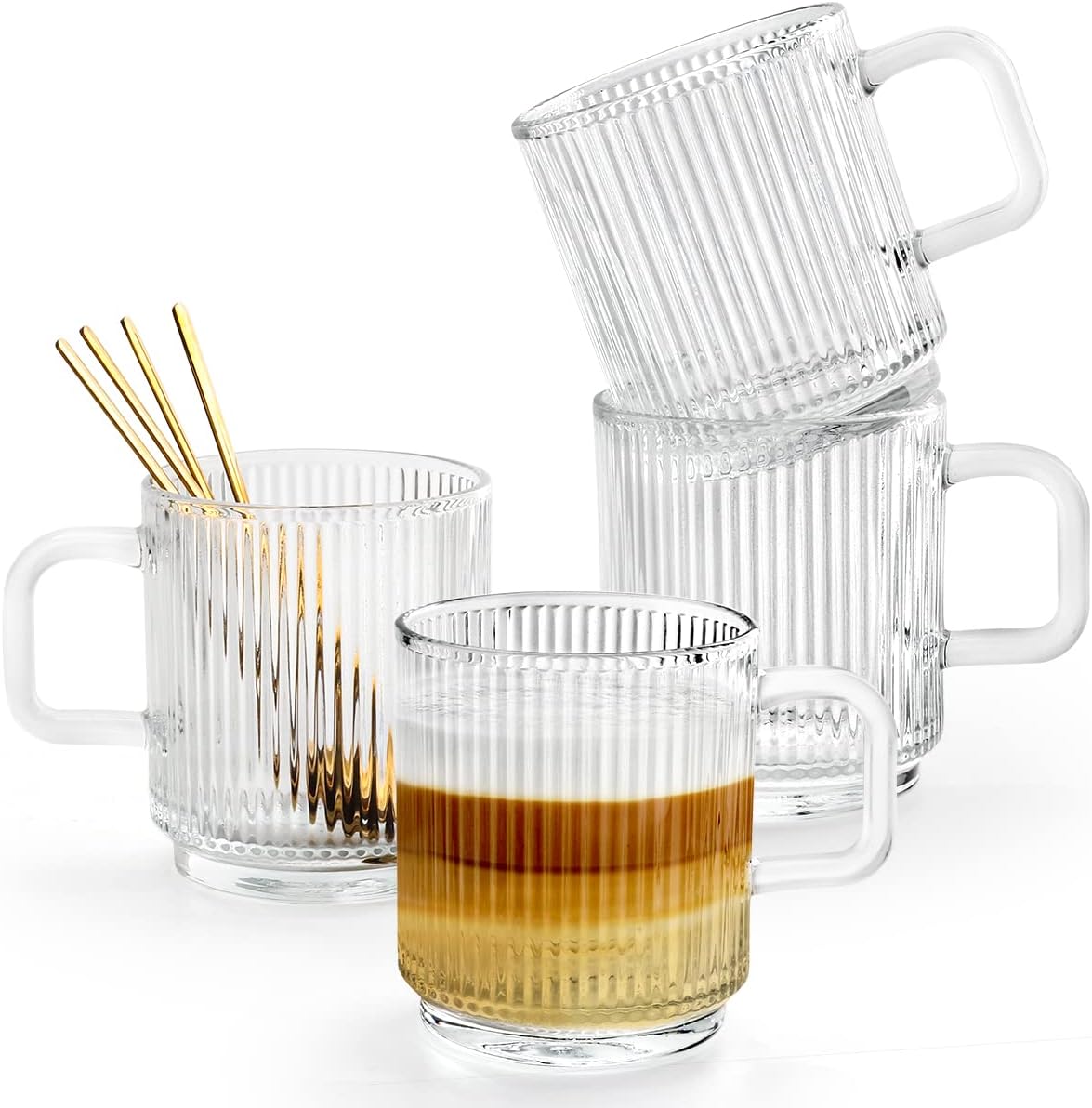 Amazon.com: Ymyaye Clear Glass Coffee Mug Set of 4, 12 Ounces Ribbed ...