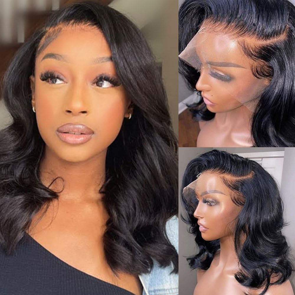 Amazon.com : Fadaina 16 Inch Bob Wig Human Hair Wavy Body Wave 13x4 ...