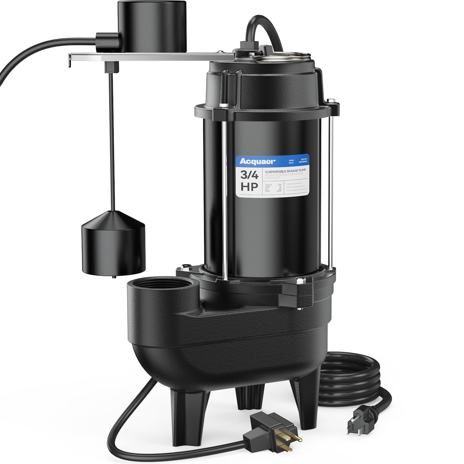 Acquaer 3/4HP Sewage Pump Submersible, 6400 GPH Cast Iron Sump Pump ...