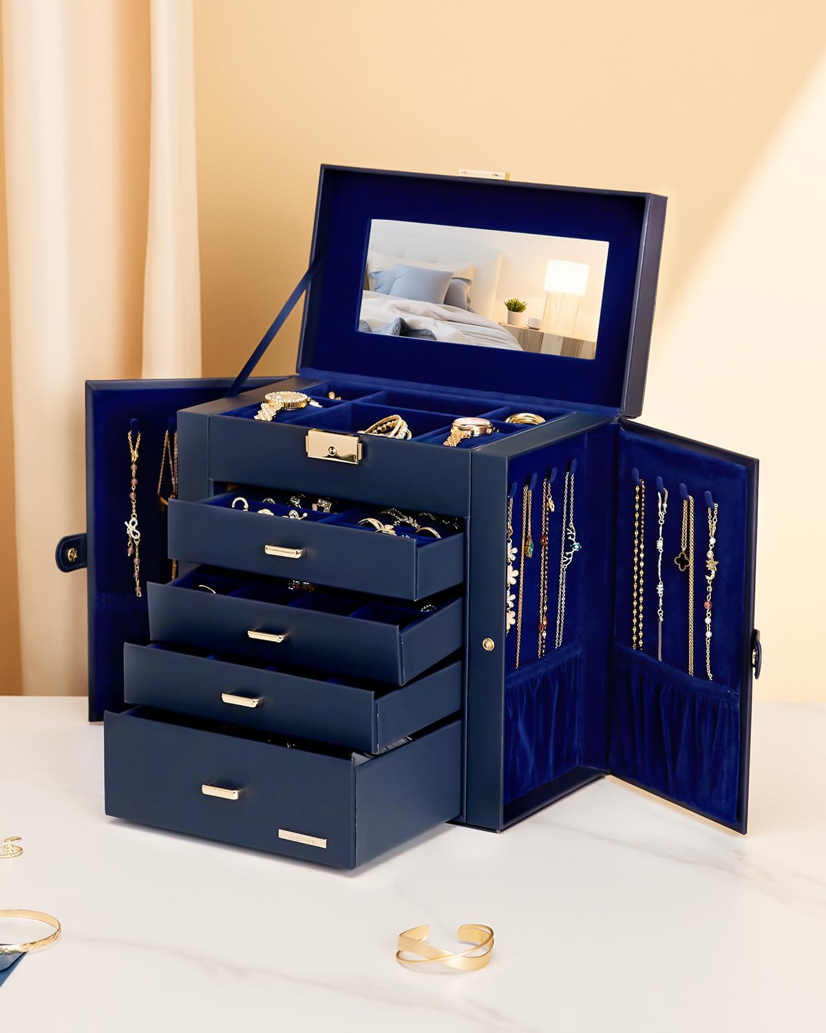 Homde Synthetic Leather Huge Jewelry Box Mirrored Watch Organizer ...