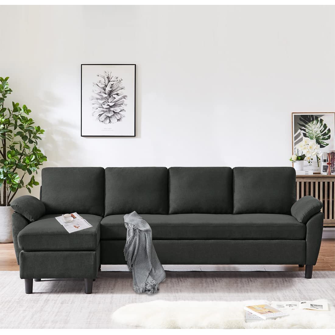 CASASTYLE Dreon 5 Seater Fabric LHS L Shape Sofa Set (Dark Grey ...