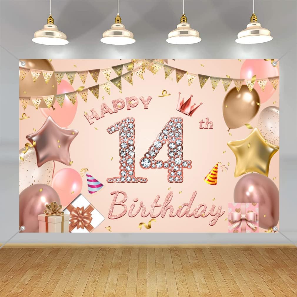 Amazon.com: Happy 14th Birthday Decorations Backdrop Banner for Girls ...
