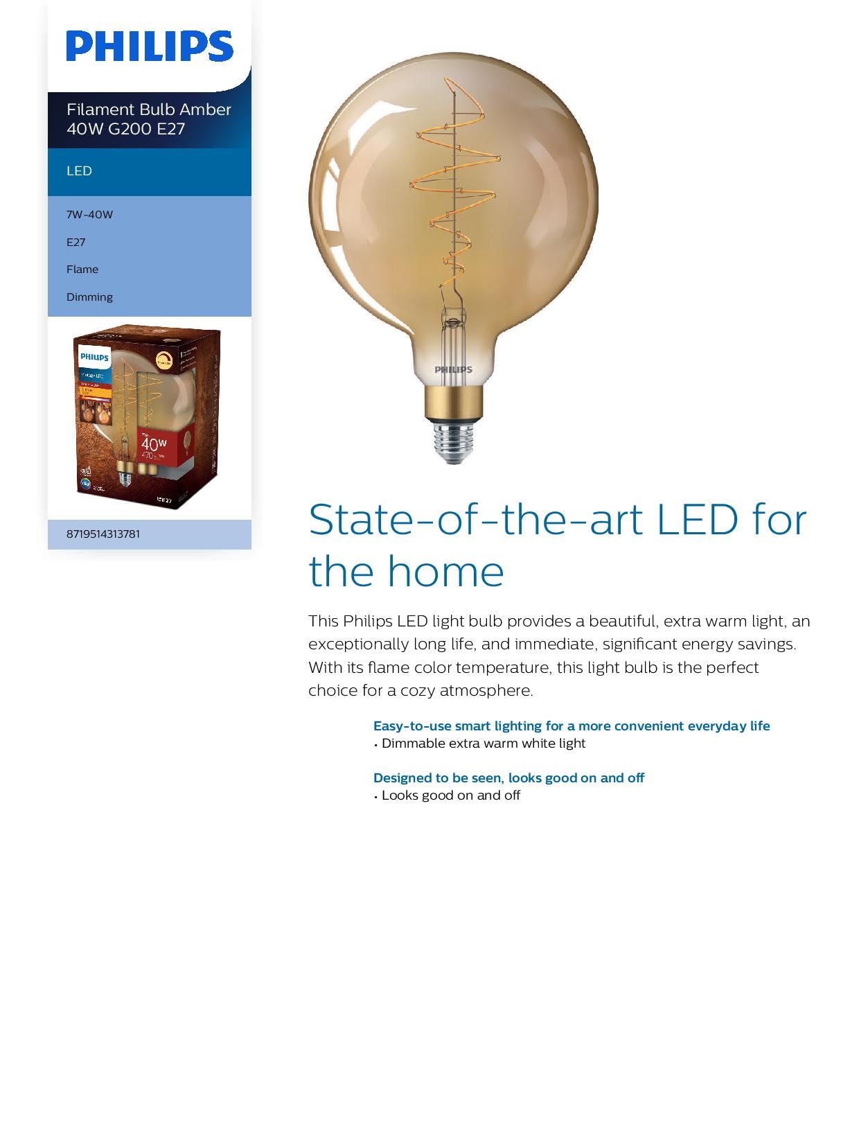Philips LED Classic-Giant 7W (40W) G200 Bulb, E27 Edison Screw ...