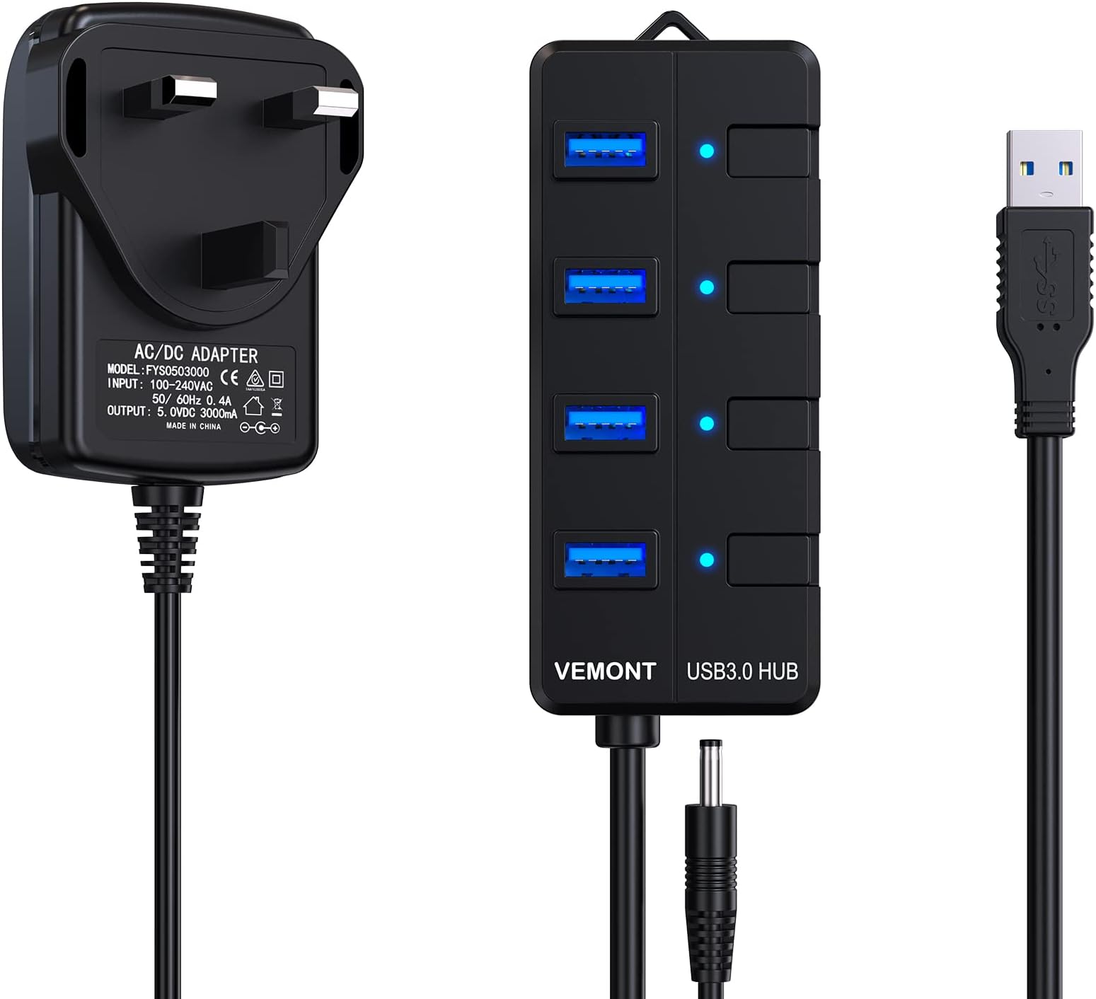 Powered USB Hub 3.0,VEMONT 4 ports USB Hub with 5V/3A Power Supply ...