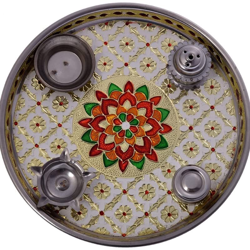 Pitaro Poojan Thali White Pooja Set With Diya Aggarbati Stand ...