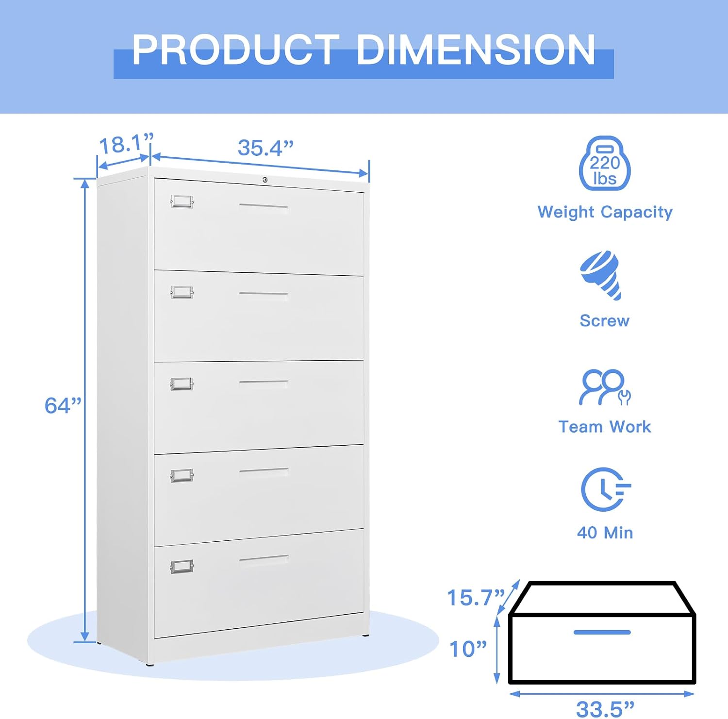 Yizosh 5 Drawer White File Cabinet with Lock, Filing Cabinet for Home ...