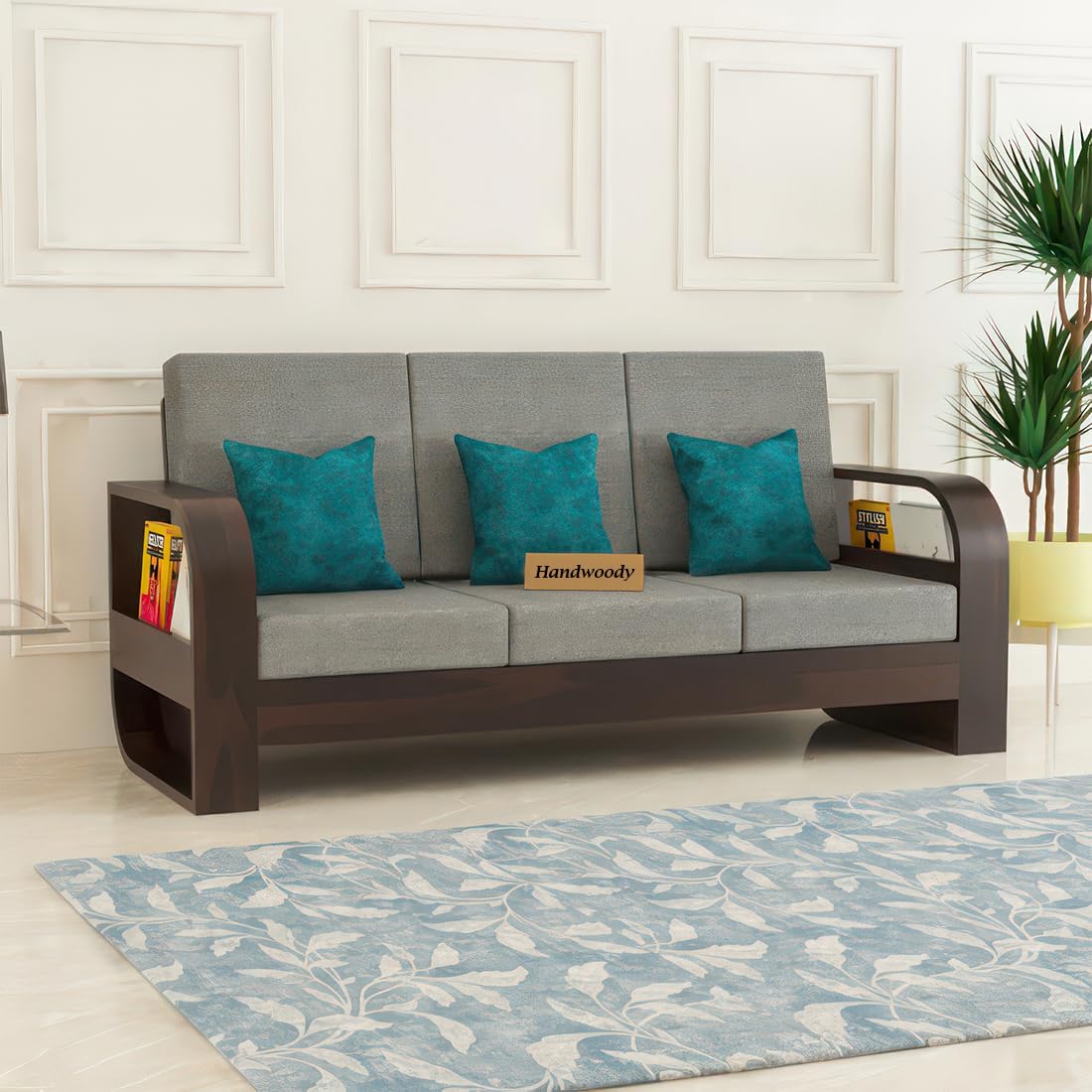 Handwoody Wooden 3-Person Sofa for Living Room | Three Seater Cushion ...